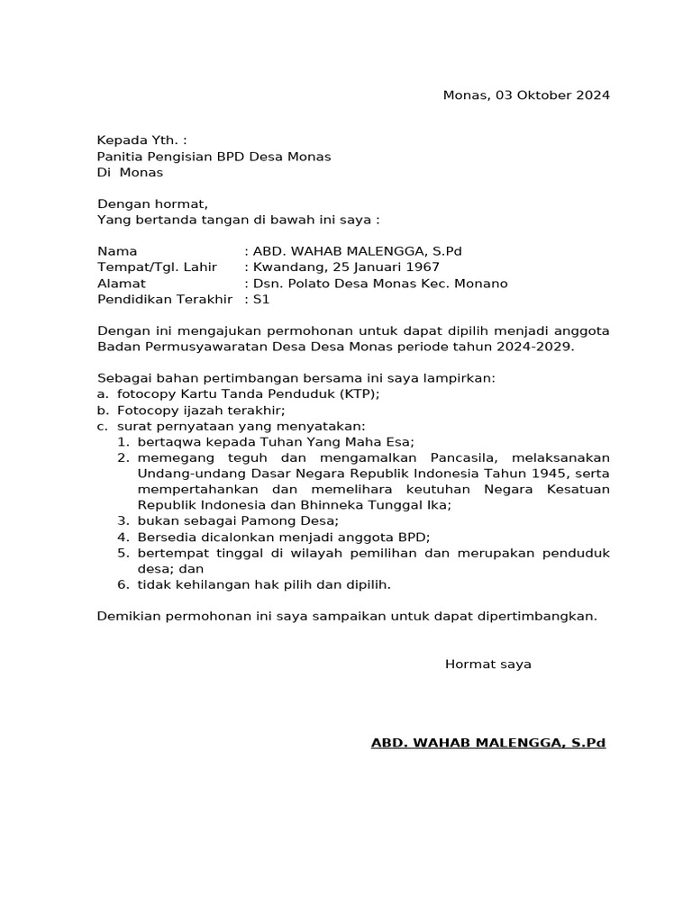 Surat Permohonan Dan Pernyataan | PDF