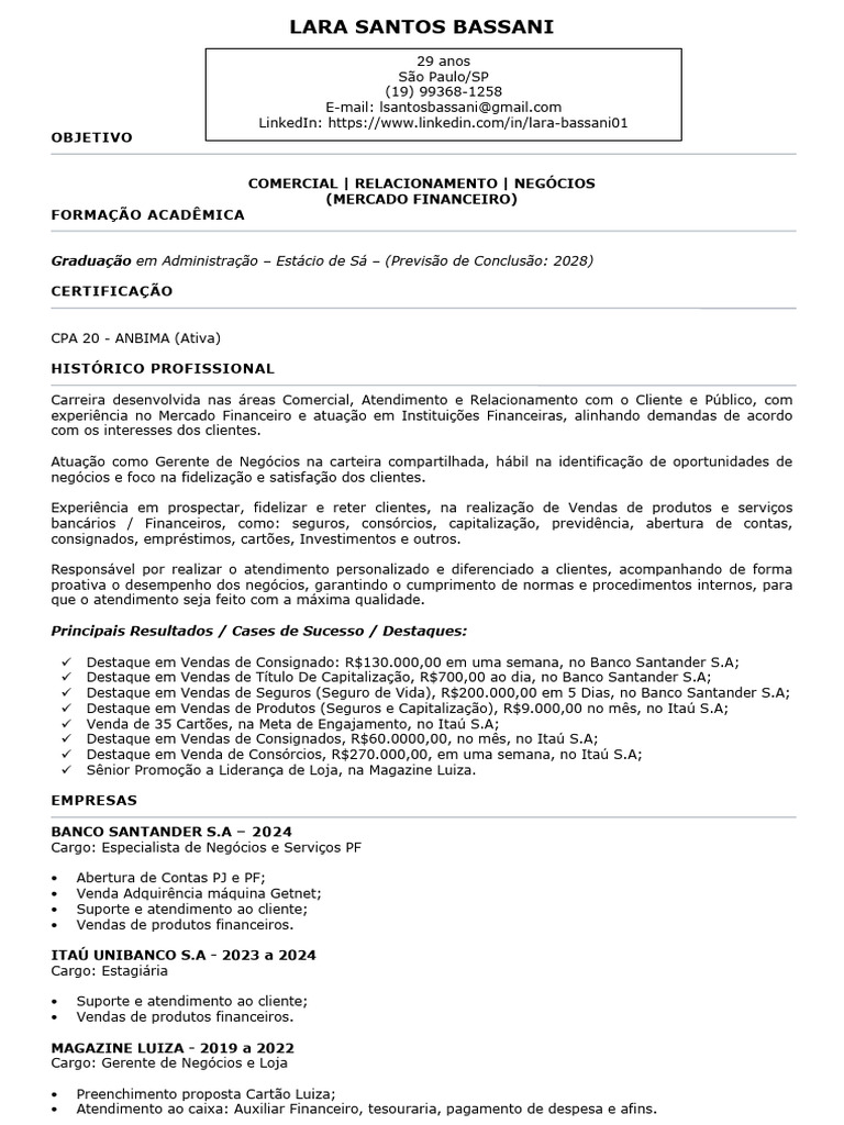 CV - Lara Bassani | PDF | Brazil | Business