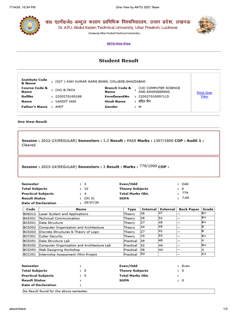 Aktu 4th Semester Result | PDF | Computing