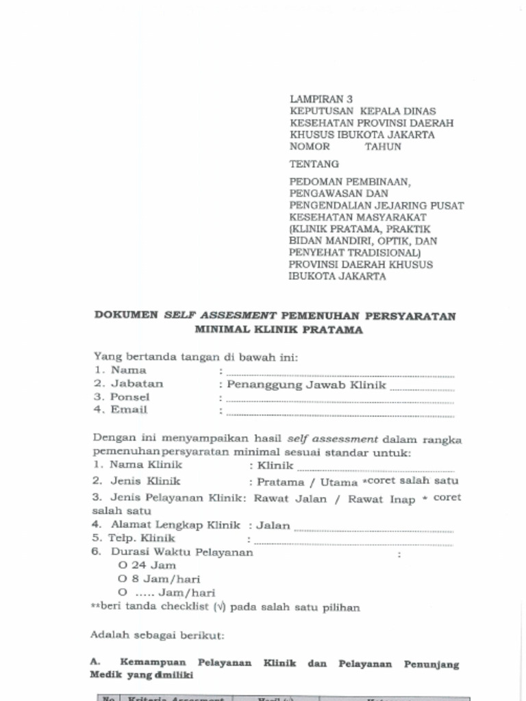 Klinik - SK KADIS 491 Tahun 2022 Tentang Binwasdal Jejaring SELF ASSESMENT KLINIK PRATAMA | PDF