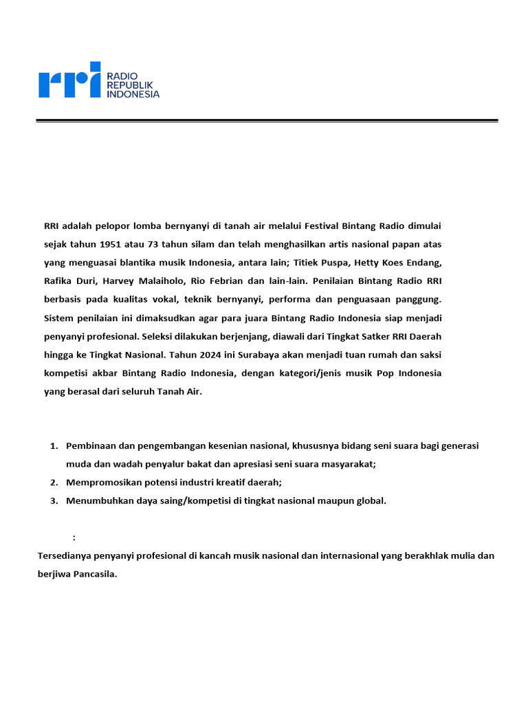PETUNJUK TEKNIS LOMBA Bintang Radio RRI Palangka Raya 2024 | PDF