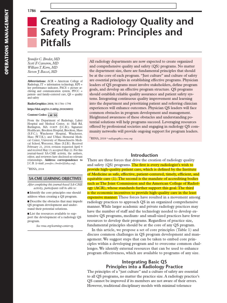Creating A Radiology Quality and Safety Program Principles and Pitfalls ...