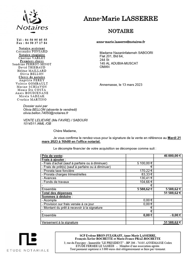 CONVOCATION - Acquéreur Avec Décompte (Avec Calculs) Madame SABOORI Nazaninfatemeh | PDF