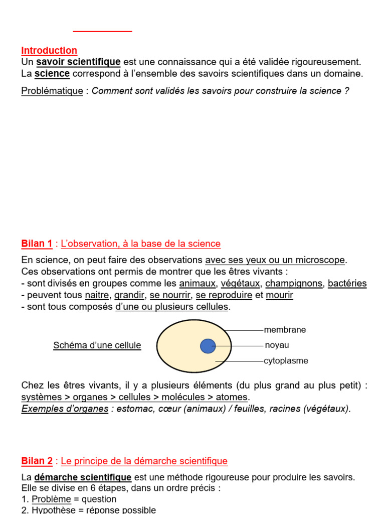 [5ème] [Chapitre 1] Bilans - La Science, Source de Savoirs | PDF