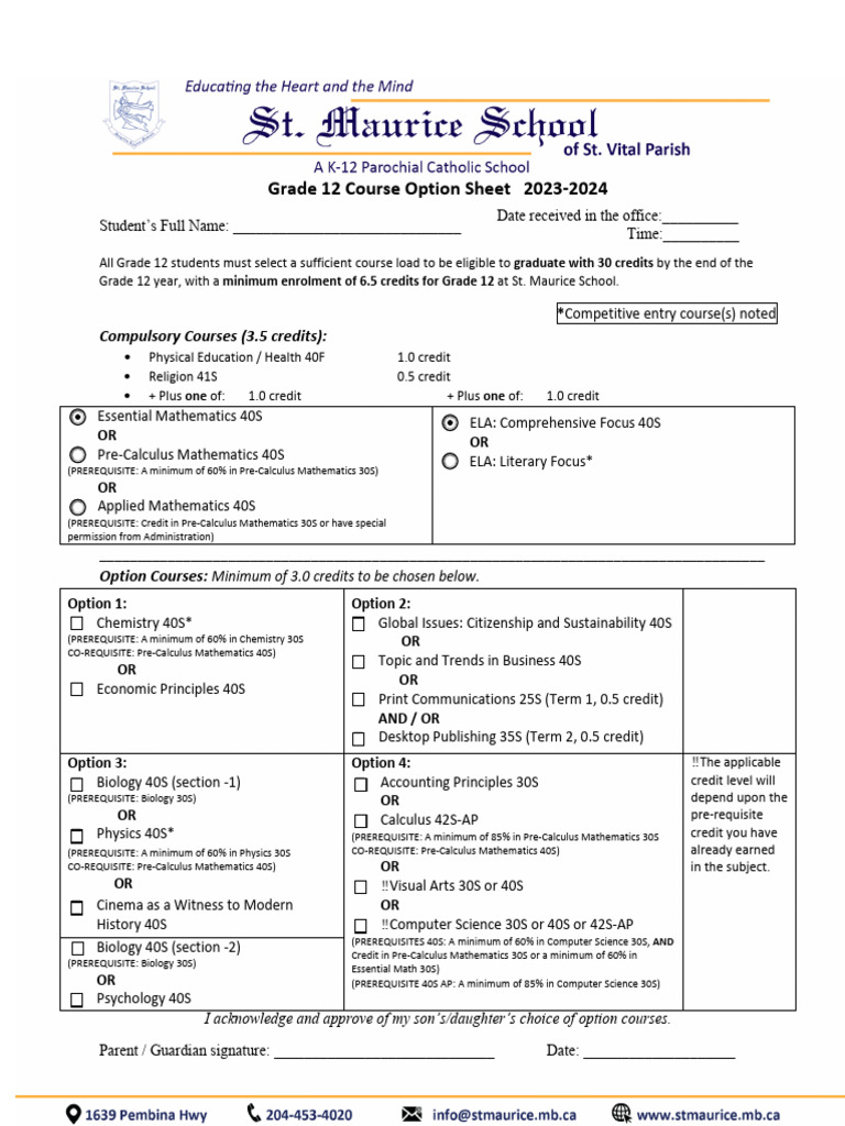 Grade 12 Course Option Sheet Fillable-1 | PDF | Mathematics