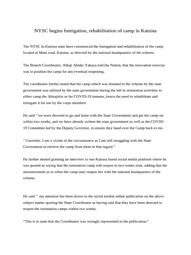 NYSC Begins Fumigation, Rehabilitation of Camp in Katsina | PDF