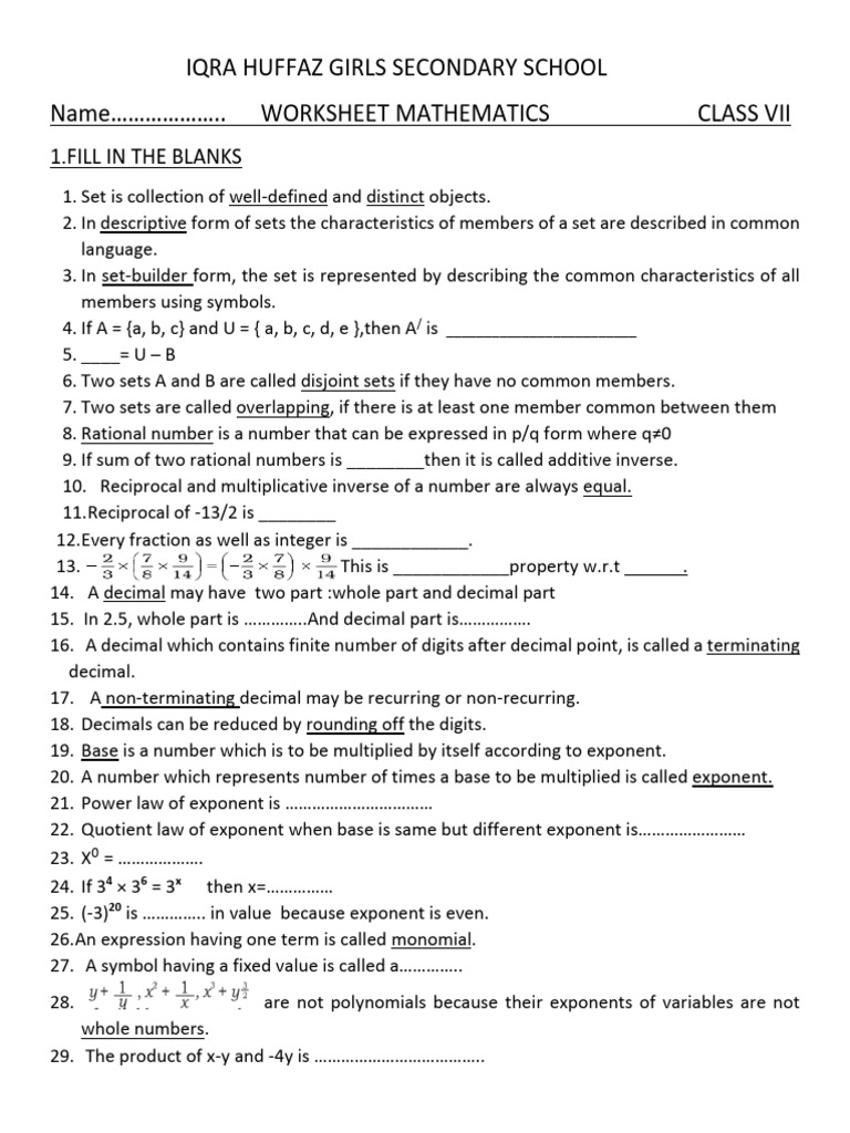 Worksheet Class VII | PDF | Numbers | Decimal
