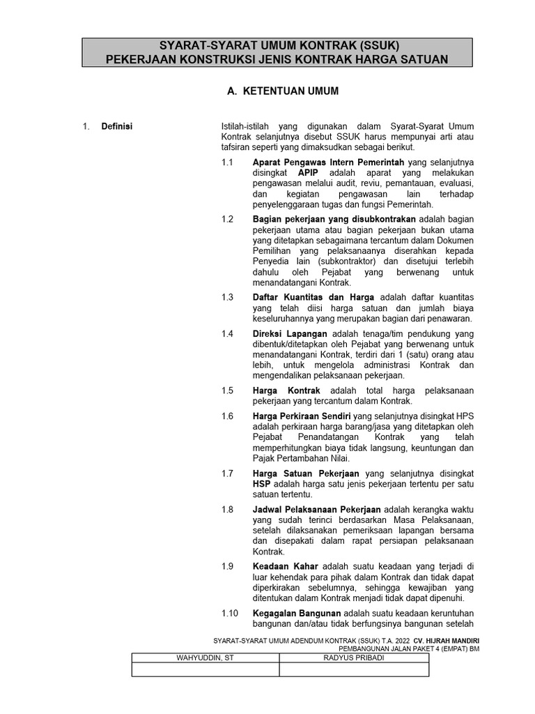 Syarat-Syarat Umum Kontrak (Ssuk) Pembangunan Jalan Paket 4 | PDF