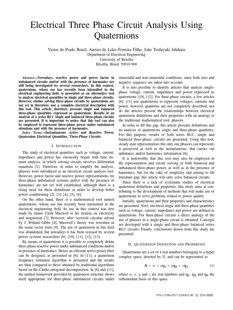 Electrical Three Phase Circuit Analysis Using Quaternions Sone7j5xuh Pdf