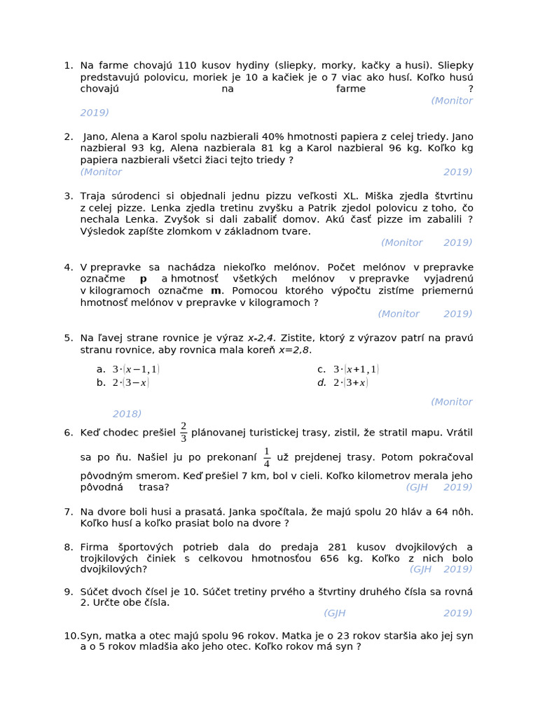 Rovnice Slovne Ulohy | PDF