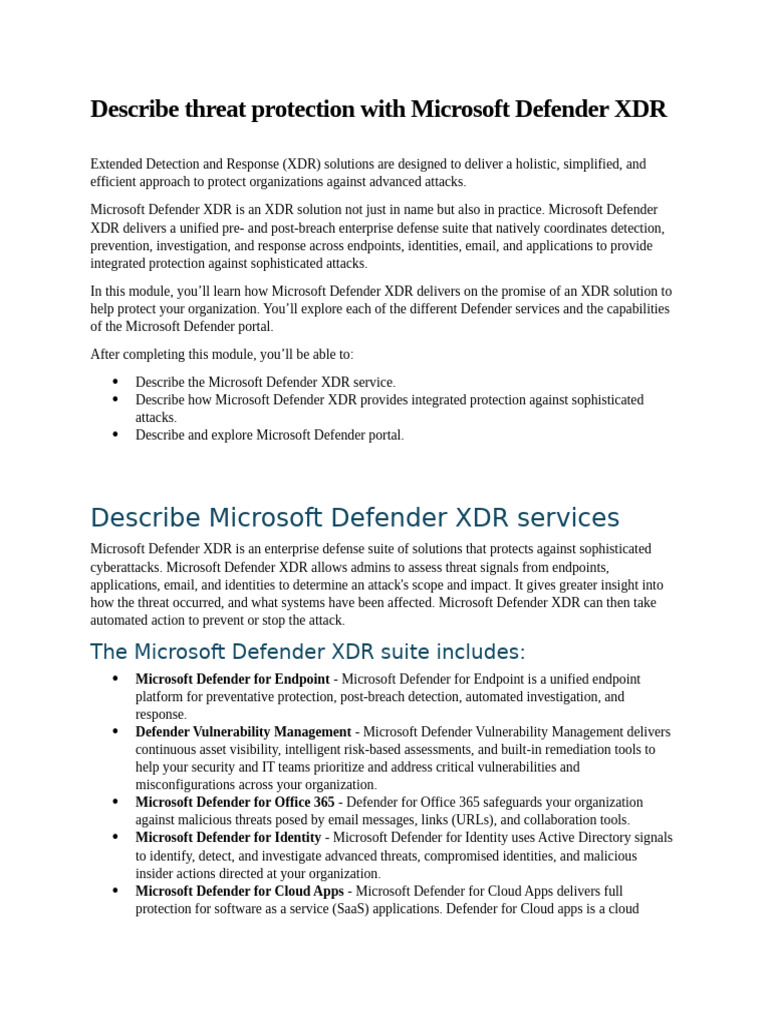 Describe Threat Protection With Microsoft Defender XDR | PDF