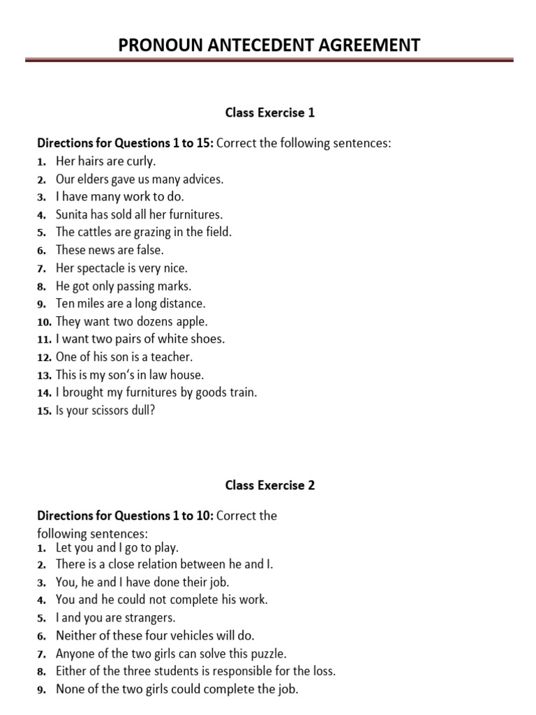 Pronoun Antecedent Agreement Exercises | PDF