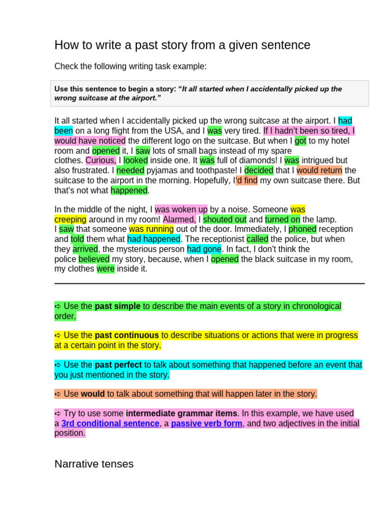 How To Write A Past Story From A Given Sentence b1 | PDF