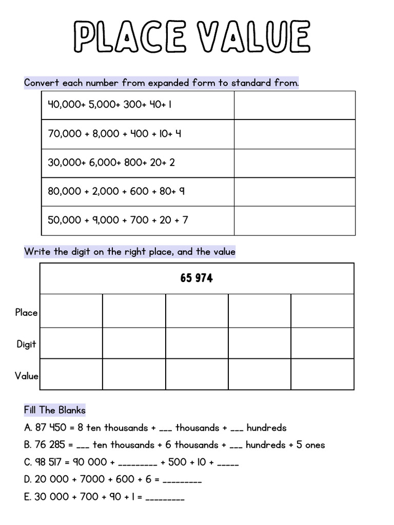 Green Purple Simple Place Value Worksheets PDF | PDF