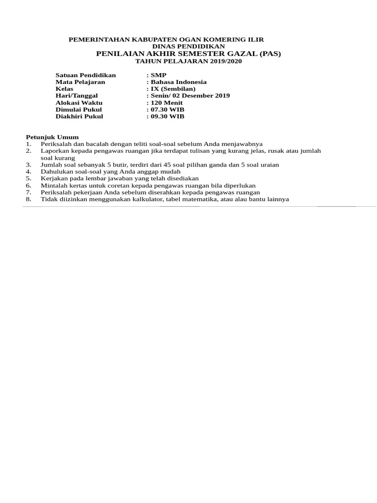 Soal Pas B.indo Kelas 9 | PDF