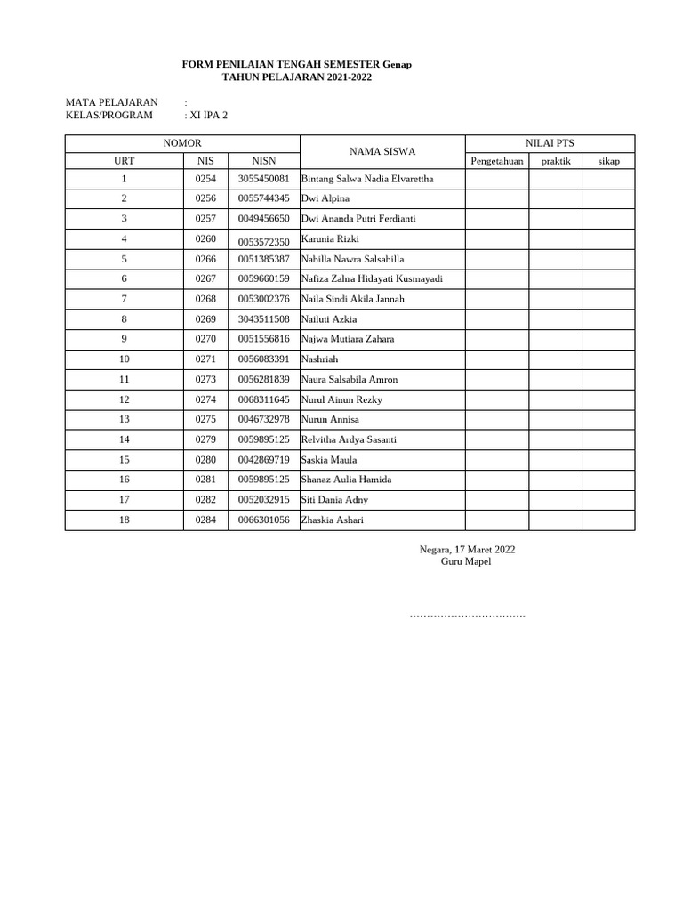 Form Pts Genap & US 2022 | PDF