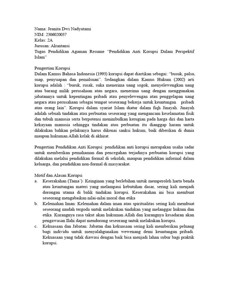 Resume PAI Jeanita Akuntansi 2A - Pendidikan Anti Korupsi Dalam Perspektif Islam | PDF