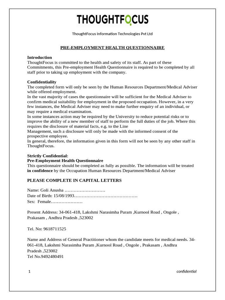 TF_Mys_Pre-Employment Health Questionnaire | PDF