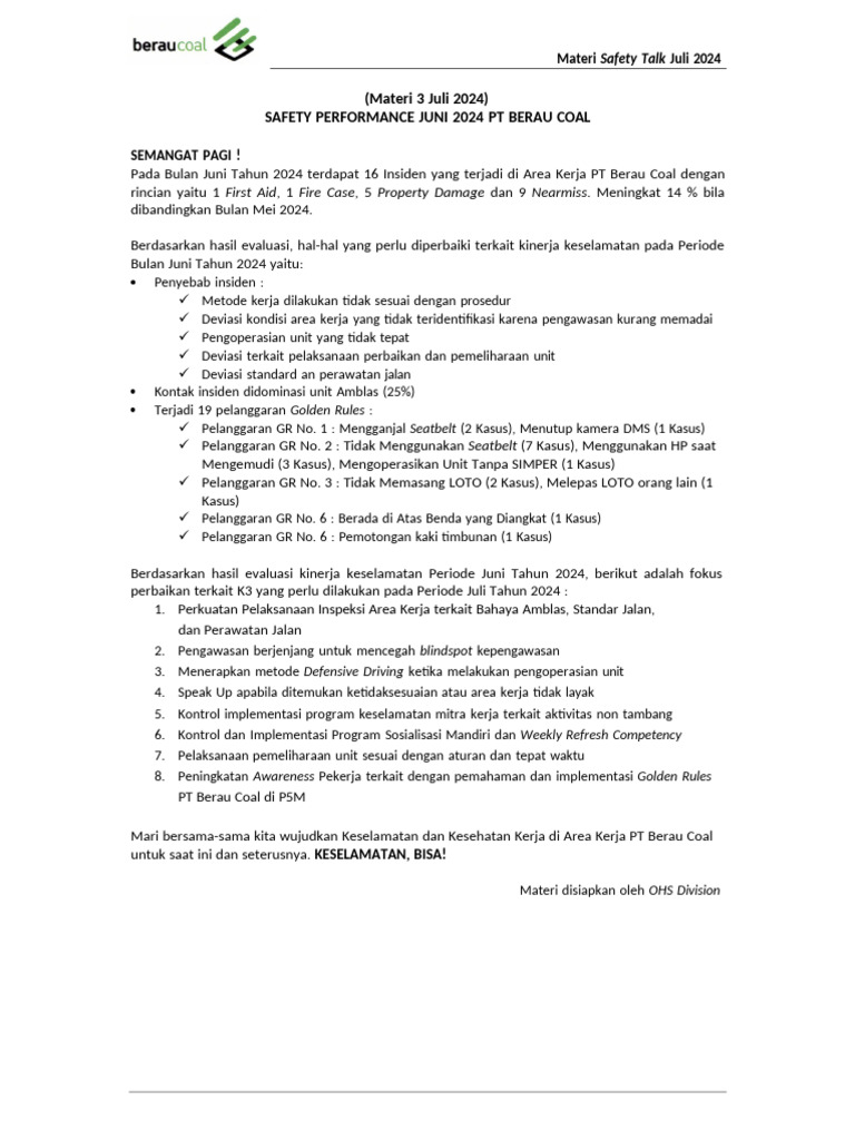 Materi Safety Talk Juli 2024 | PDF