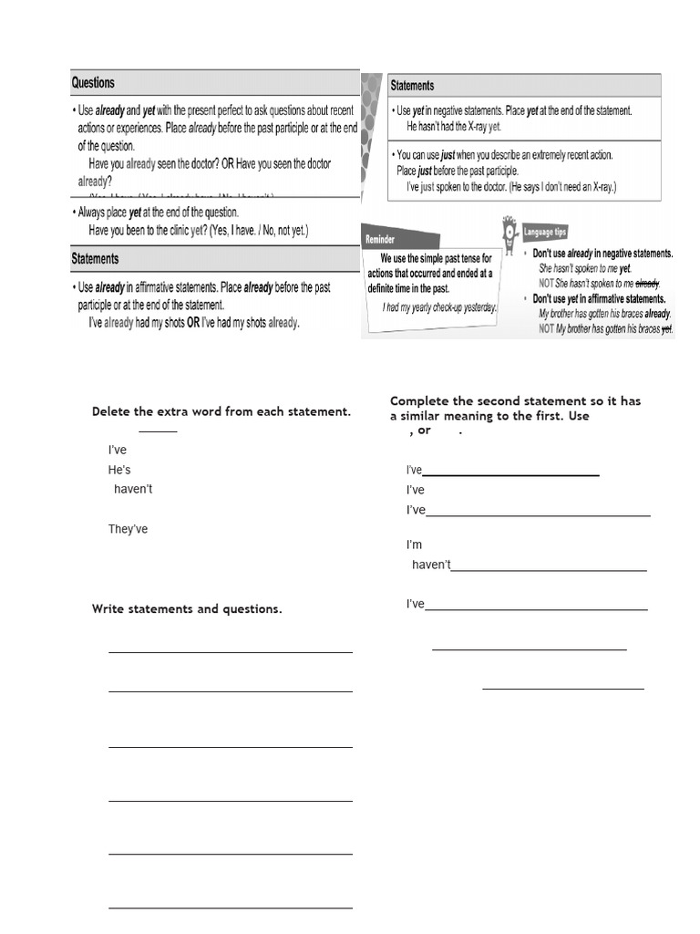 Present Perfect Already - Just - Yet Worksheet | PDF