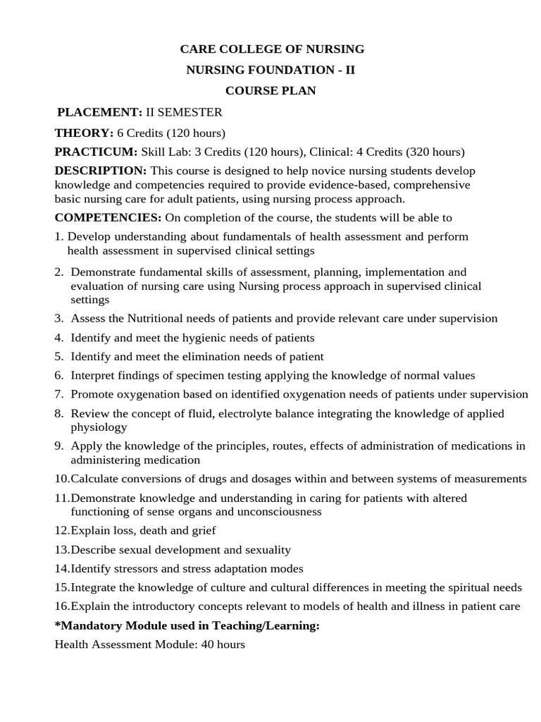 Sem-Ii Fon Course Plan | PDF | Physical Examination | Self-Improvement