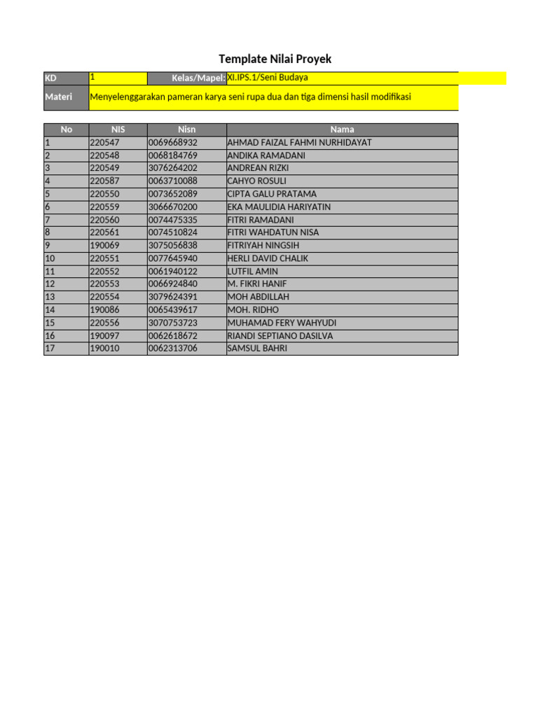 Template Nilai Proyek-XI - IPS.1-Seni Budaya | PDF