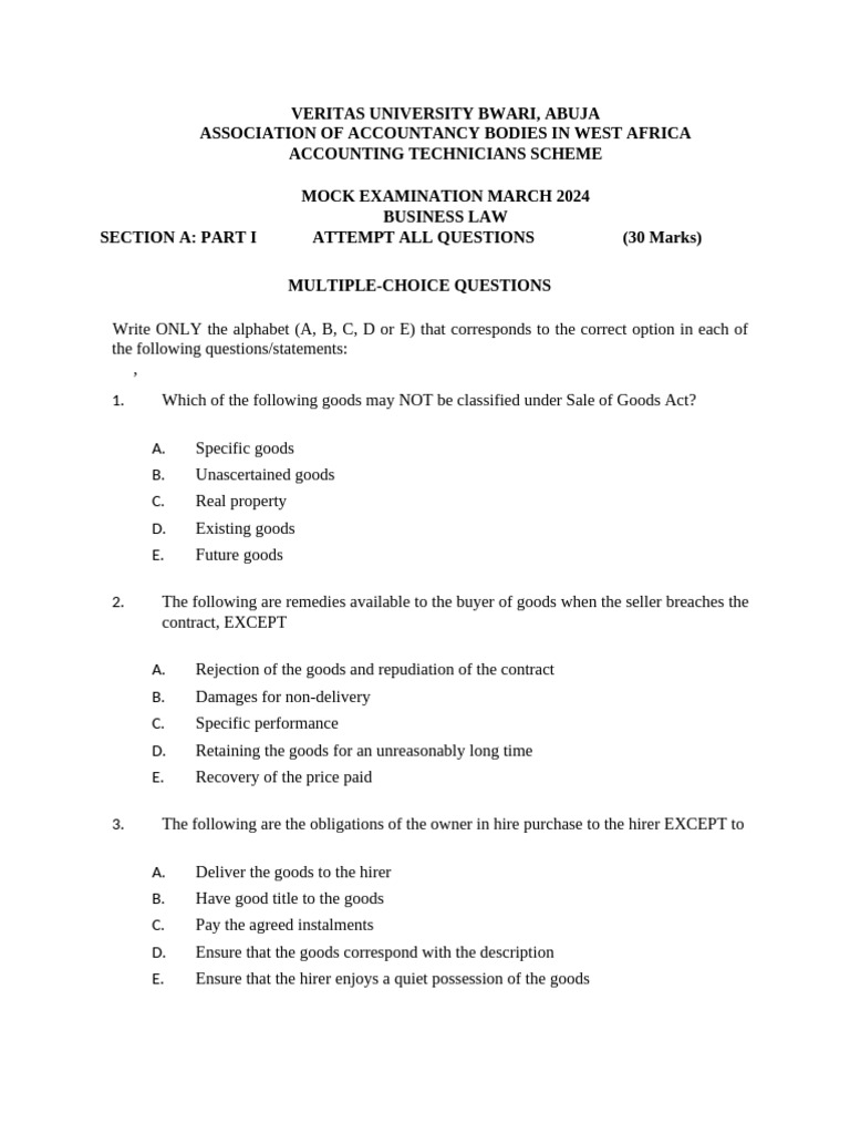 Mock Questions On Business Law March 2024 - 053050 | PDF