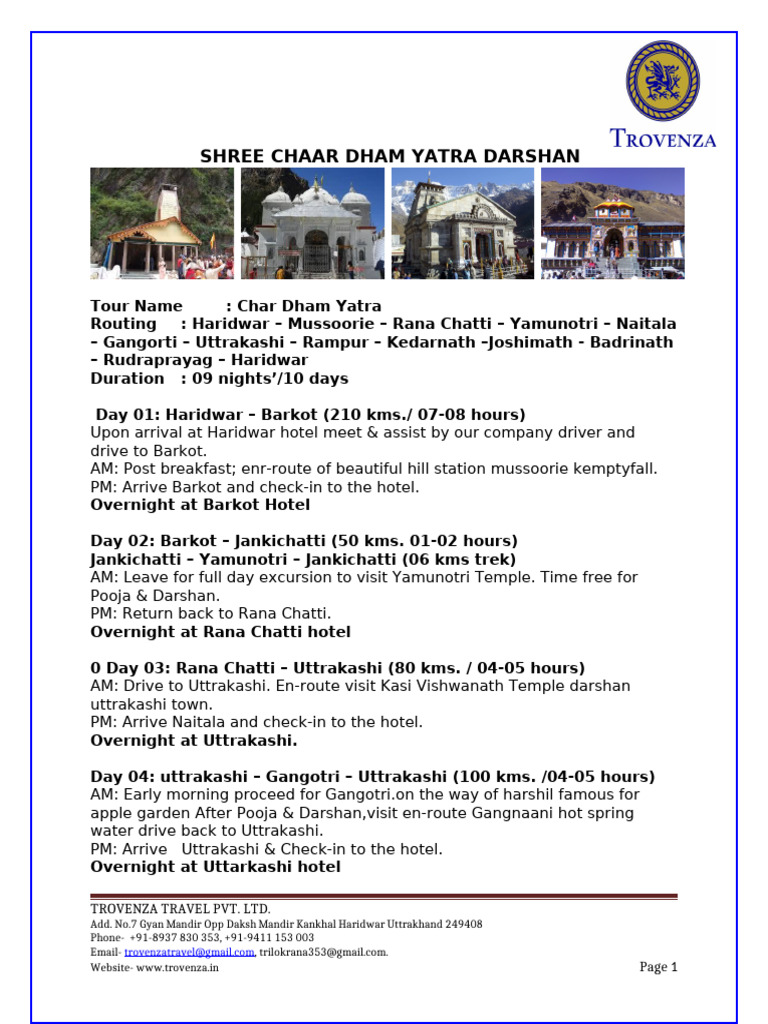 Char Dham Darshan 9-10 Days Sedan | PDF