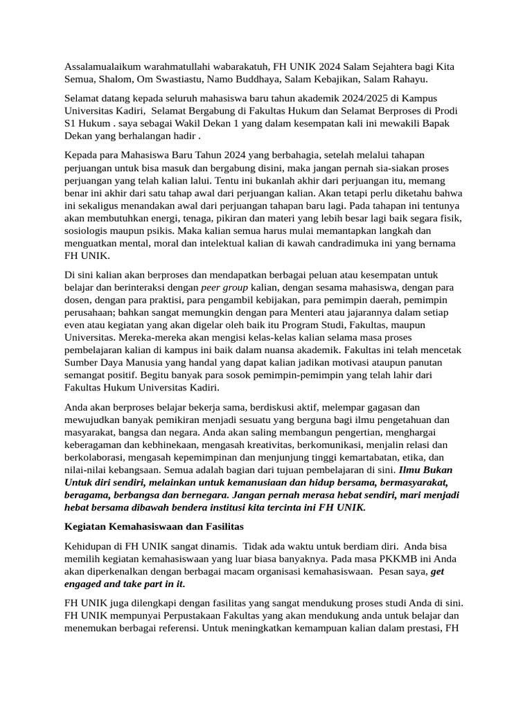 Sambutan Wadek 1 PKKMB | PDF