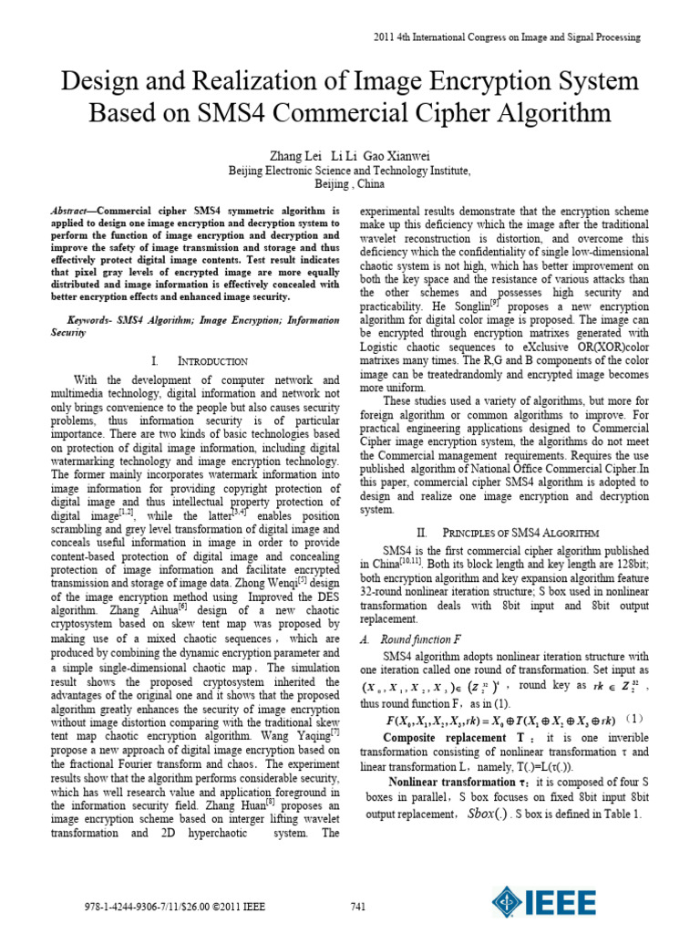 Designandrealizationofimageencryptionsystembasedonsms4commercialcipheralgorithm Pdf 