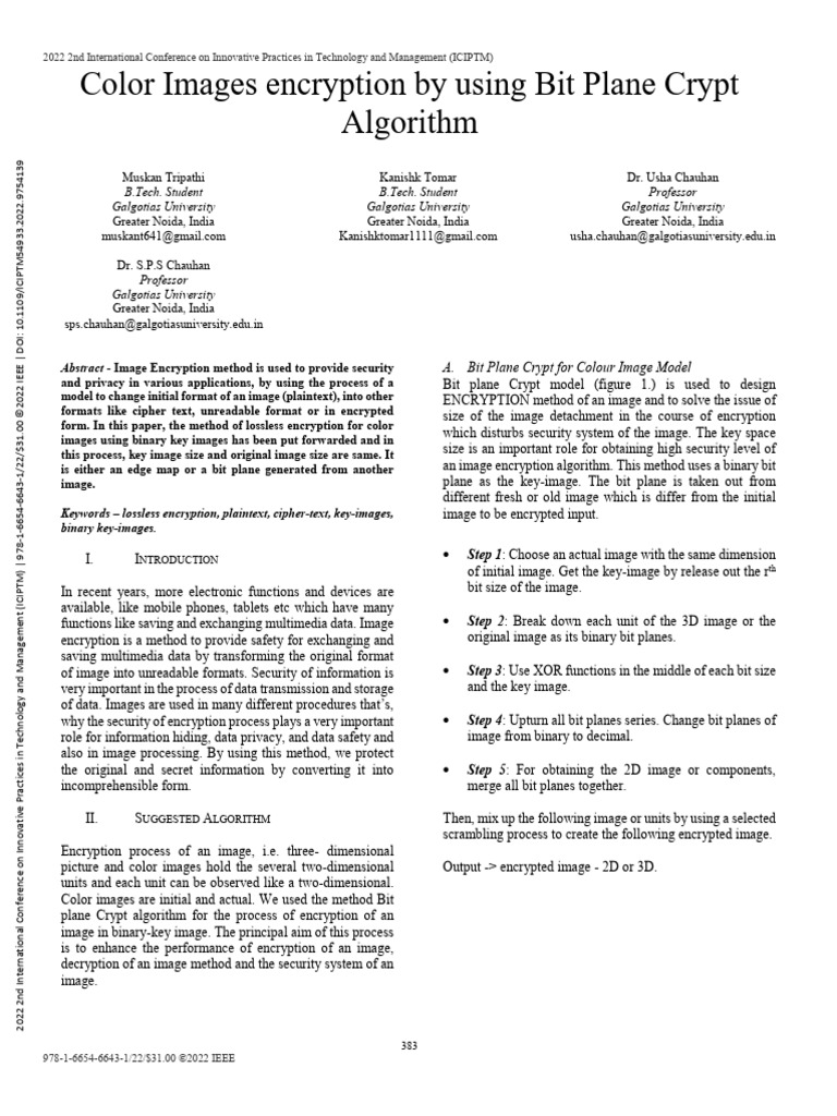 Color Images Encryption by Using Bit Plane Crypt Algorithm | PDF