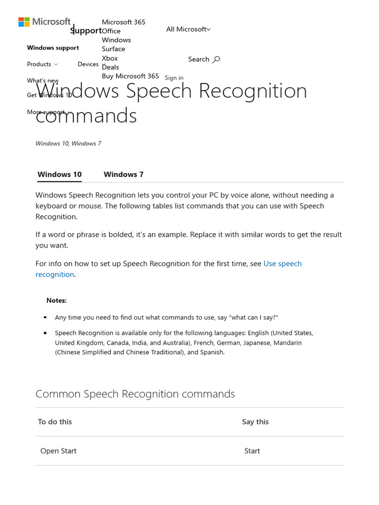 Windows Speech Recognition Commands | PDF