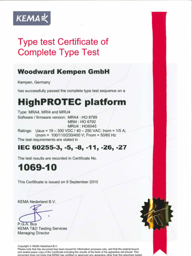 Appendix 4 - MRA4 KEMA IEC60255 Certification | PDF