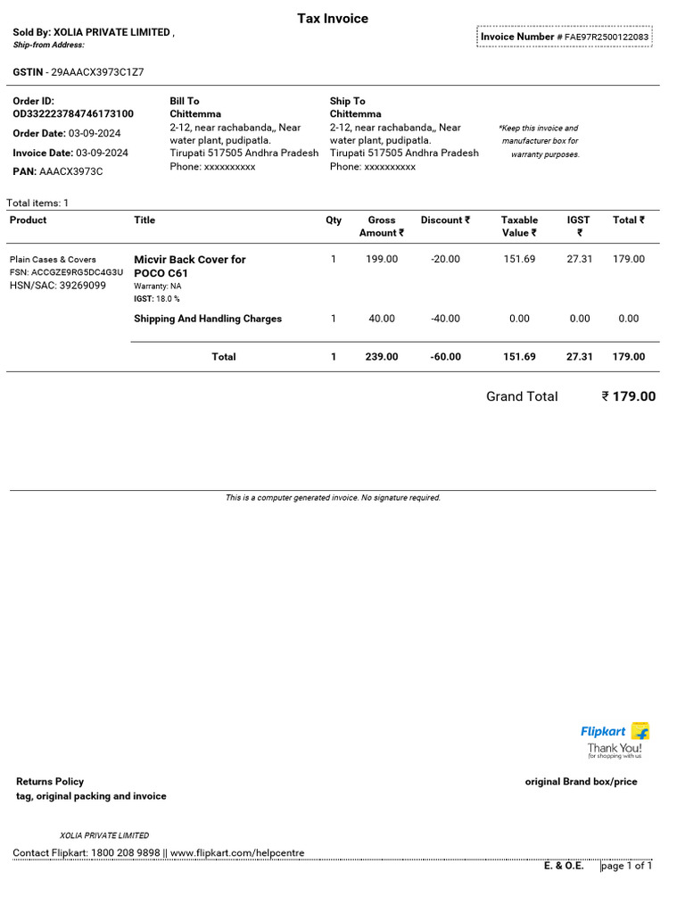Invoice for Chittemma's Purchase | PDF
