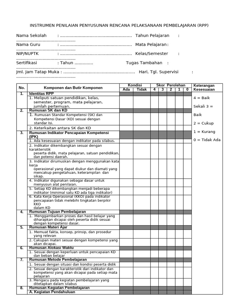 Instrumen Penilaian Penyusunan RPP | PDF