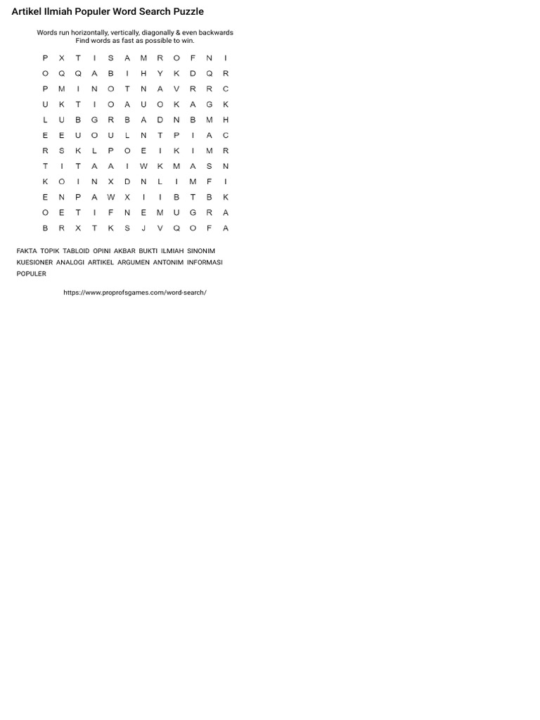 Artikel Ilmiah Populer Word Search Puzzle - ProProfs Games 1 | PDF