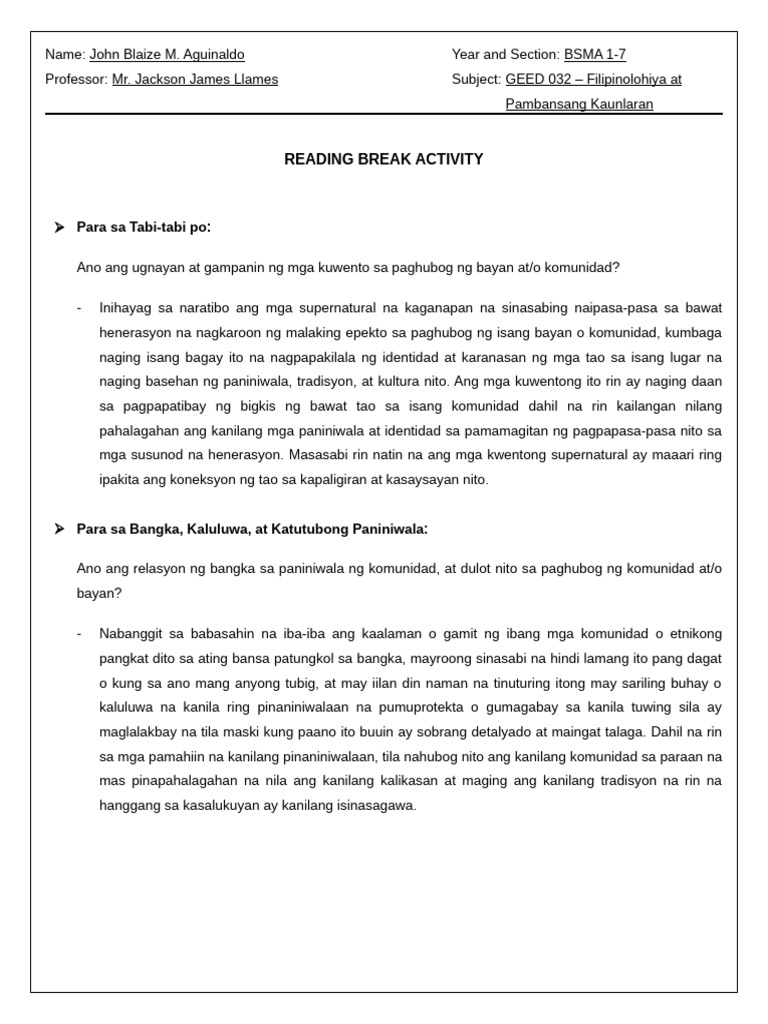 Reading Break Activity | PDF