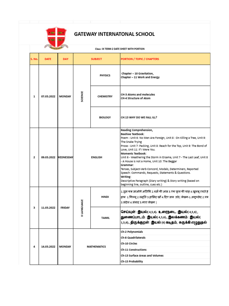 Class IX Term-2 Schedule | PDF