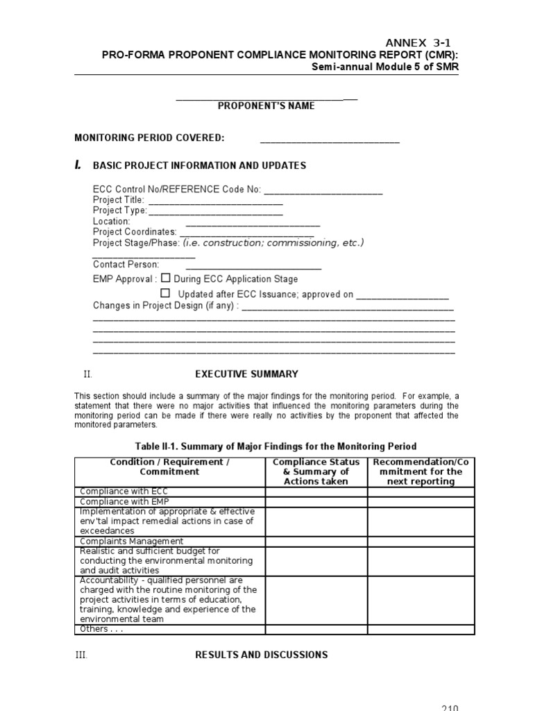 Annex 3-1 Pro-Forma Proponent Compliance Monitoring Report (CMR) : Semi-Annual Module 5 of SMR ...