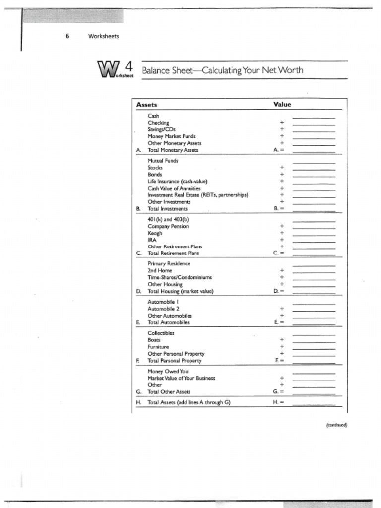 Worksheets- Balance Sheet- Calculating Your Net Worth | PDF Worksheets- Balance Sheet- Calculating Your Net Worth | PDF
