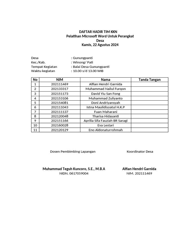 Daftar Hadir Tim KKN Teknologi 2 | PDF