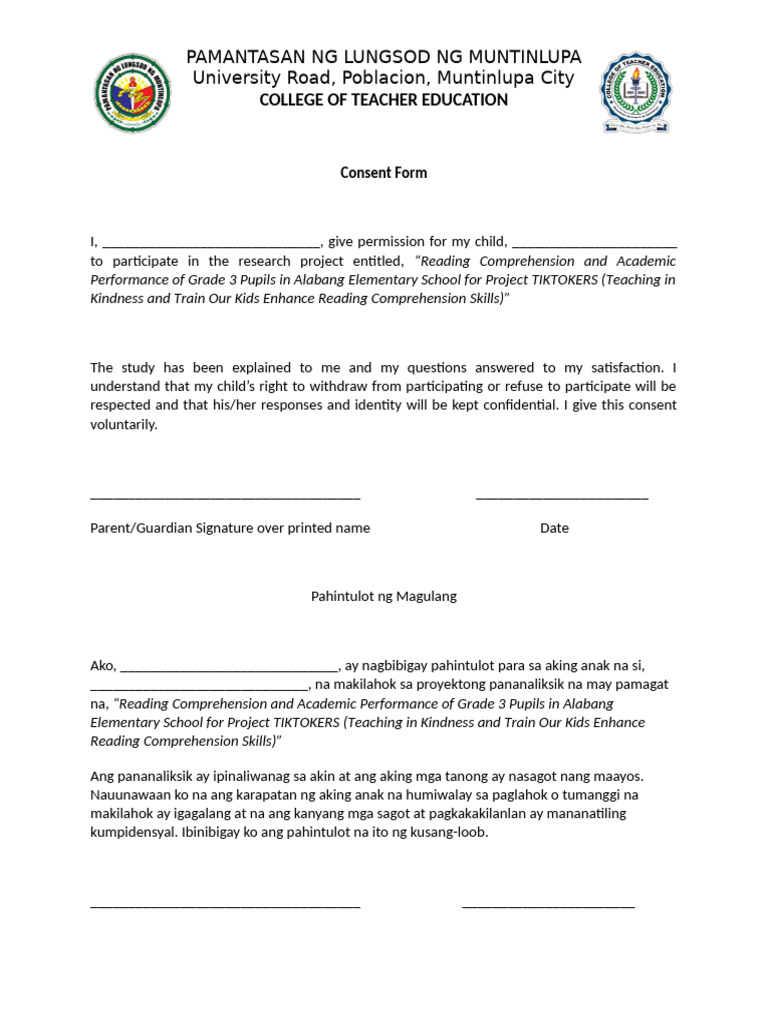 Grade 3 Reading Study Consent Form | PDF