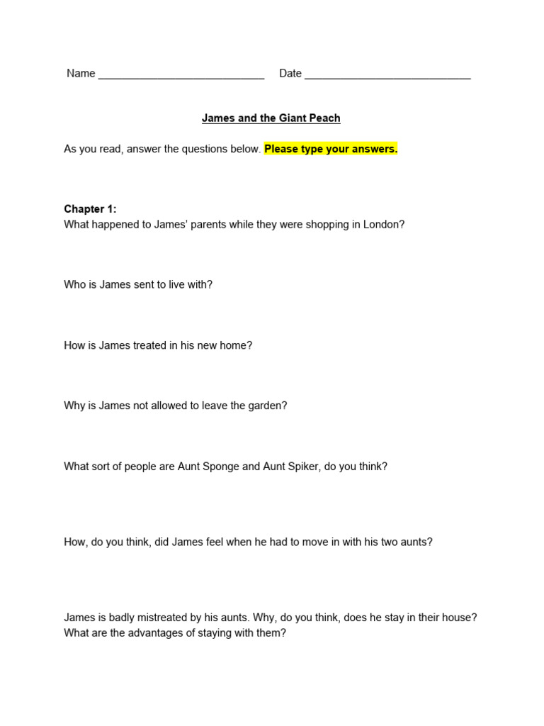 James and the Giant Peach Comprehension Questions | PDF