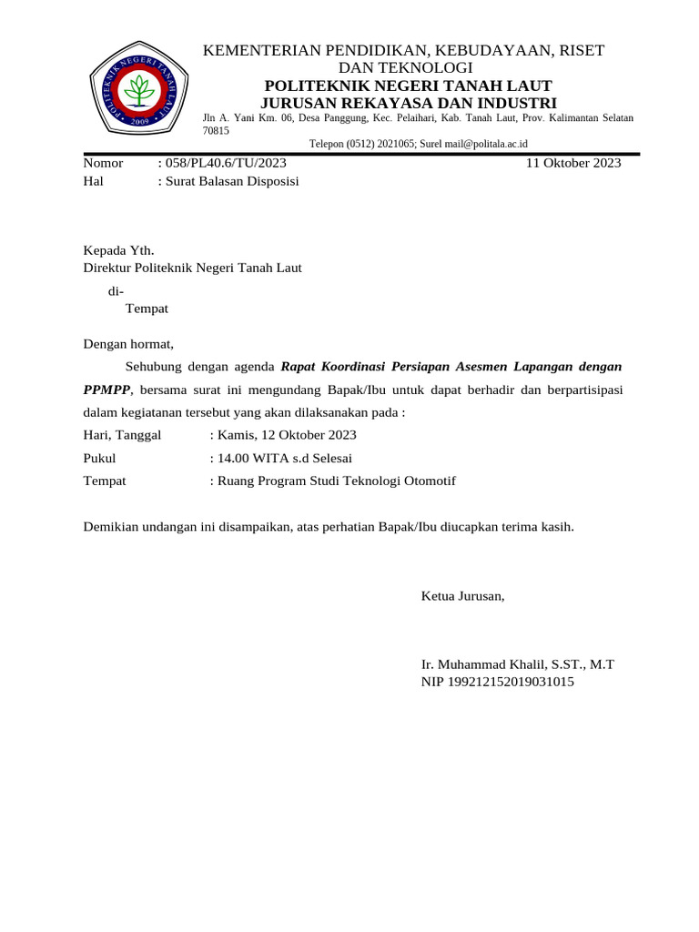 Surat Balasan Disposisi | PDF
