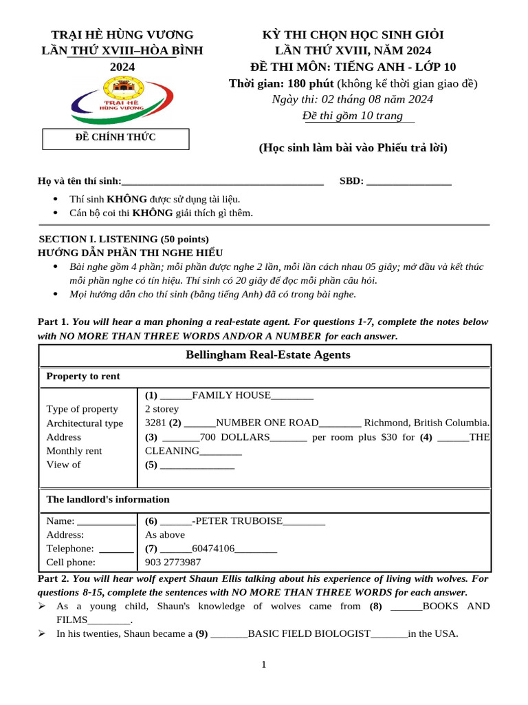 THHV 2024 - Anh 10 - Đề CT | PDF