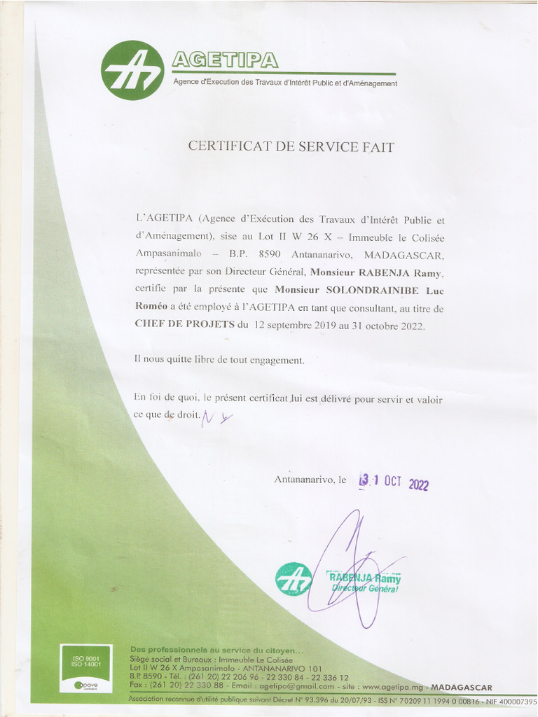 Certificat de Service Fait | PDF