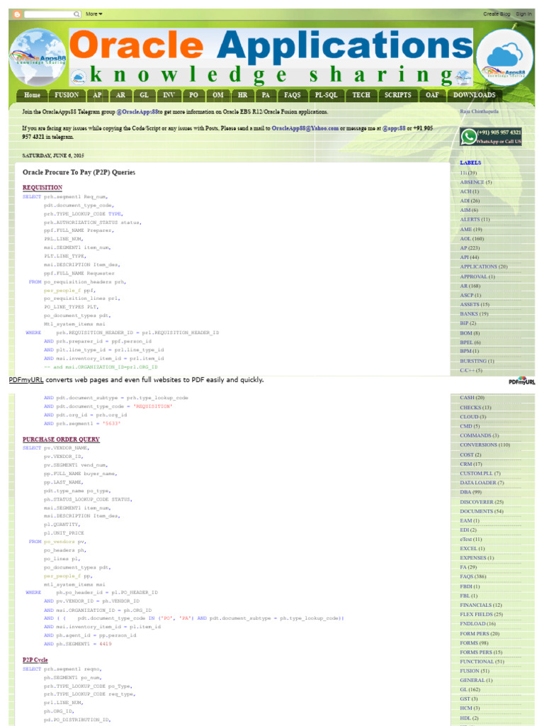 Oracleapps88 Blogspot Com 2015 06 Oracle-Procure-To-Pay-P2p-Queries HTML | PDF