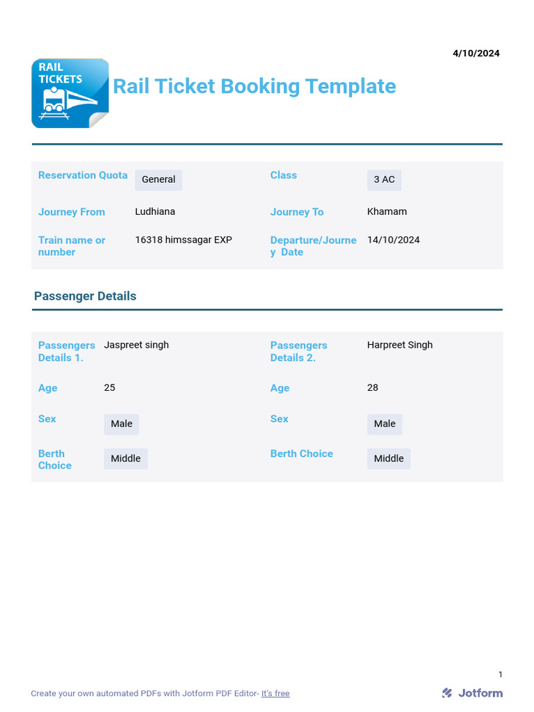 Rail Ticket Booking Template: Passenger Details | PDF