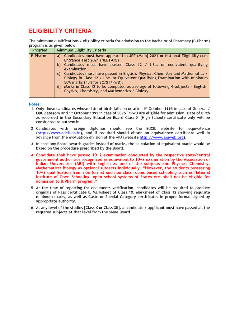 BPharm 2021 - Eligibility Criteria | PDF