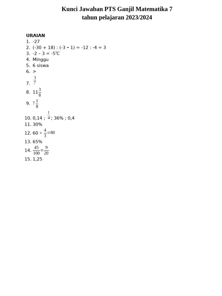 Kunci Jawaban Matematika PTS GANJIL Kelas 7 Tahun Ajaran 2023 2024 | PDF